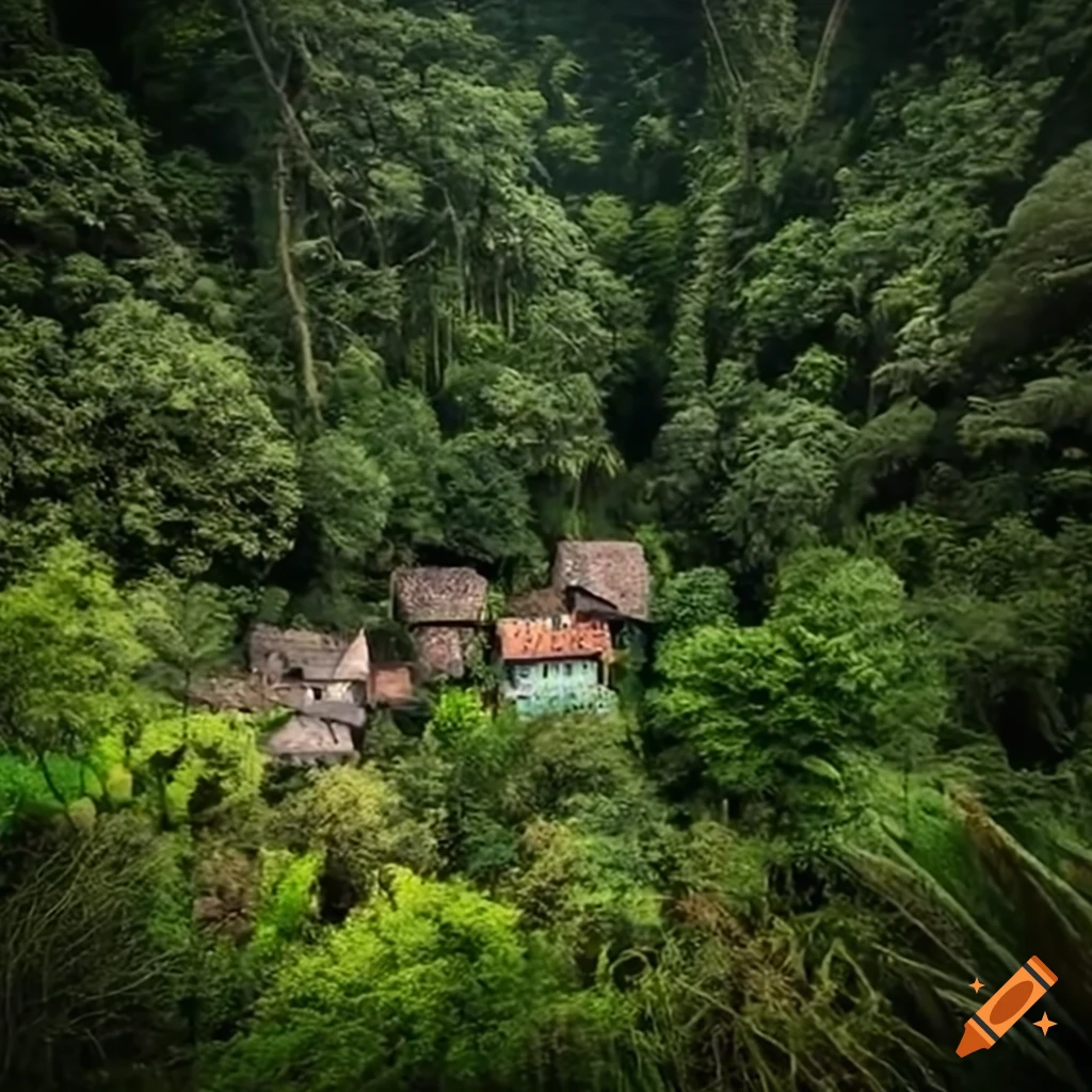 Vue aérienne de la forêt amazonienne avec un village on Craiyon