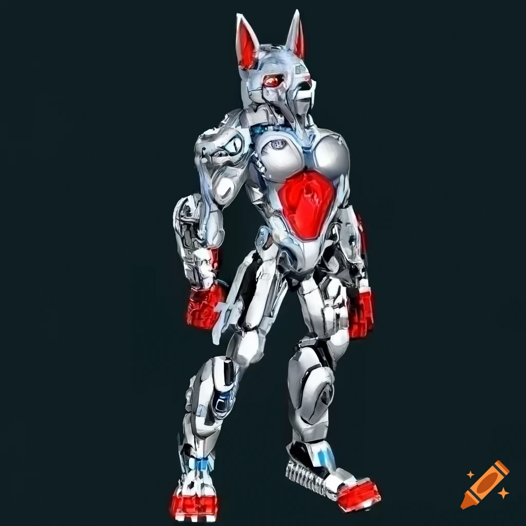 Anthropomorphic cyborg wolf with silver chrome body and red glowing ...