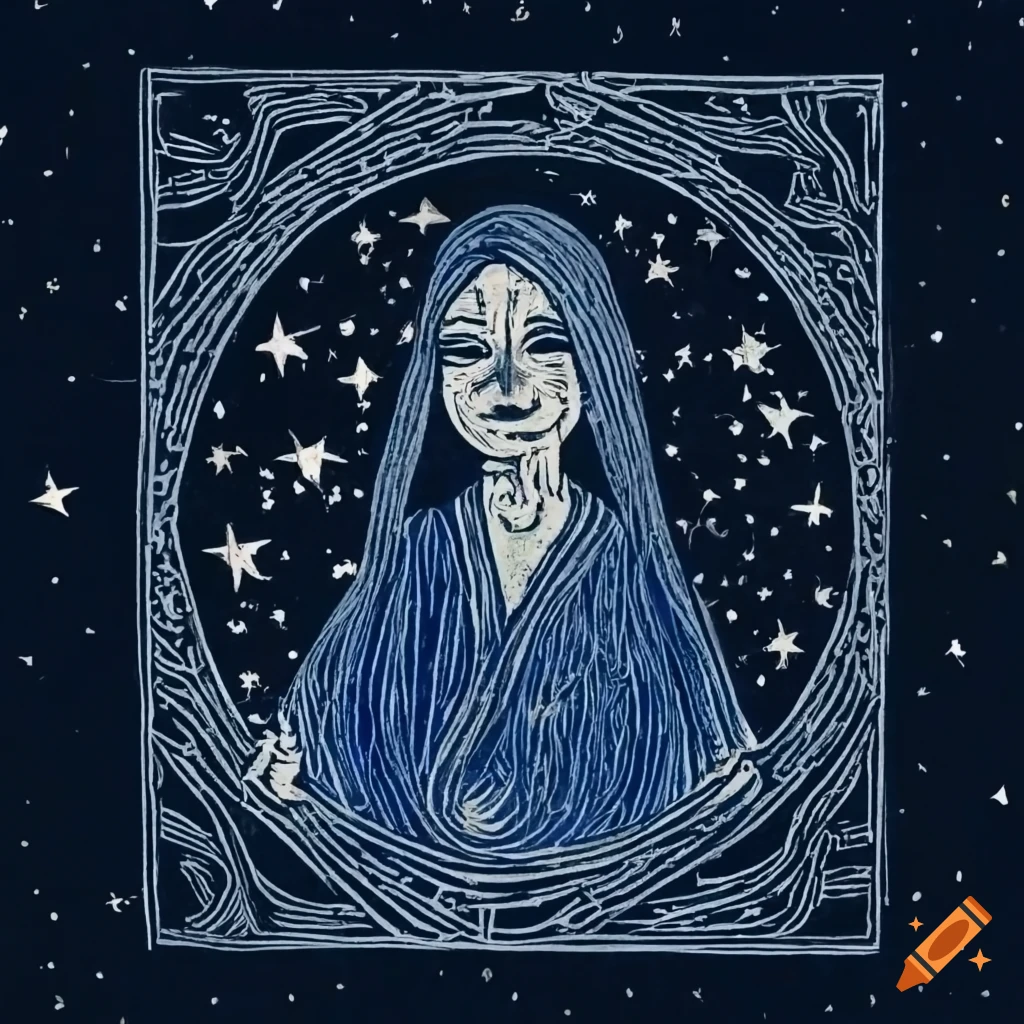 Linocut drawing of an astrologer studying the stars on Craiyon