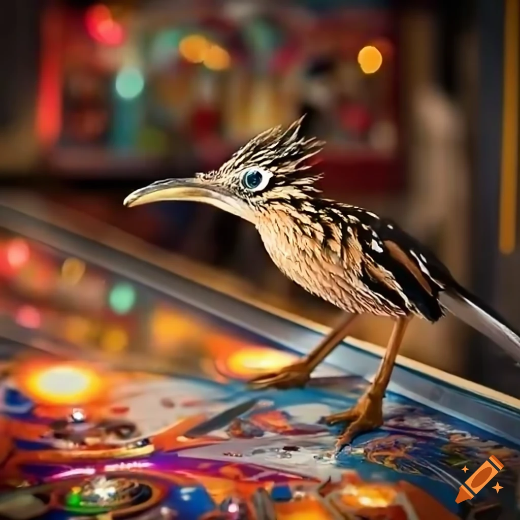 Artistic depiction of a roadrunner playing pinball