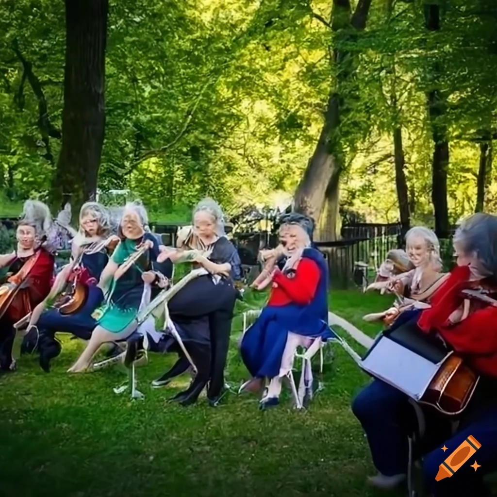 Image of elderly women playing unique instruments in a park