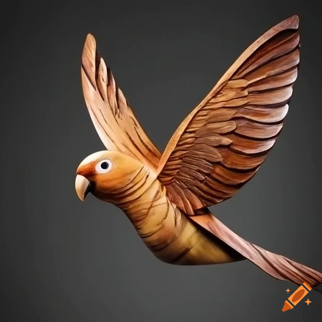 Olive wood carving of a flying parakeet on Craiyon