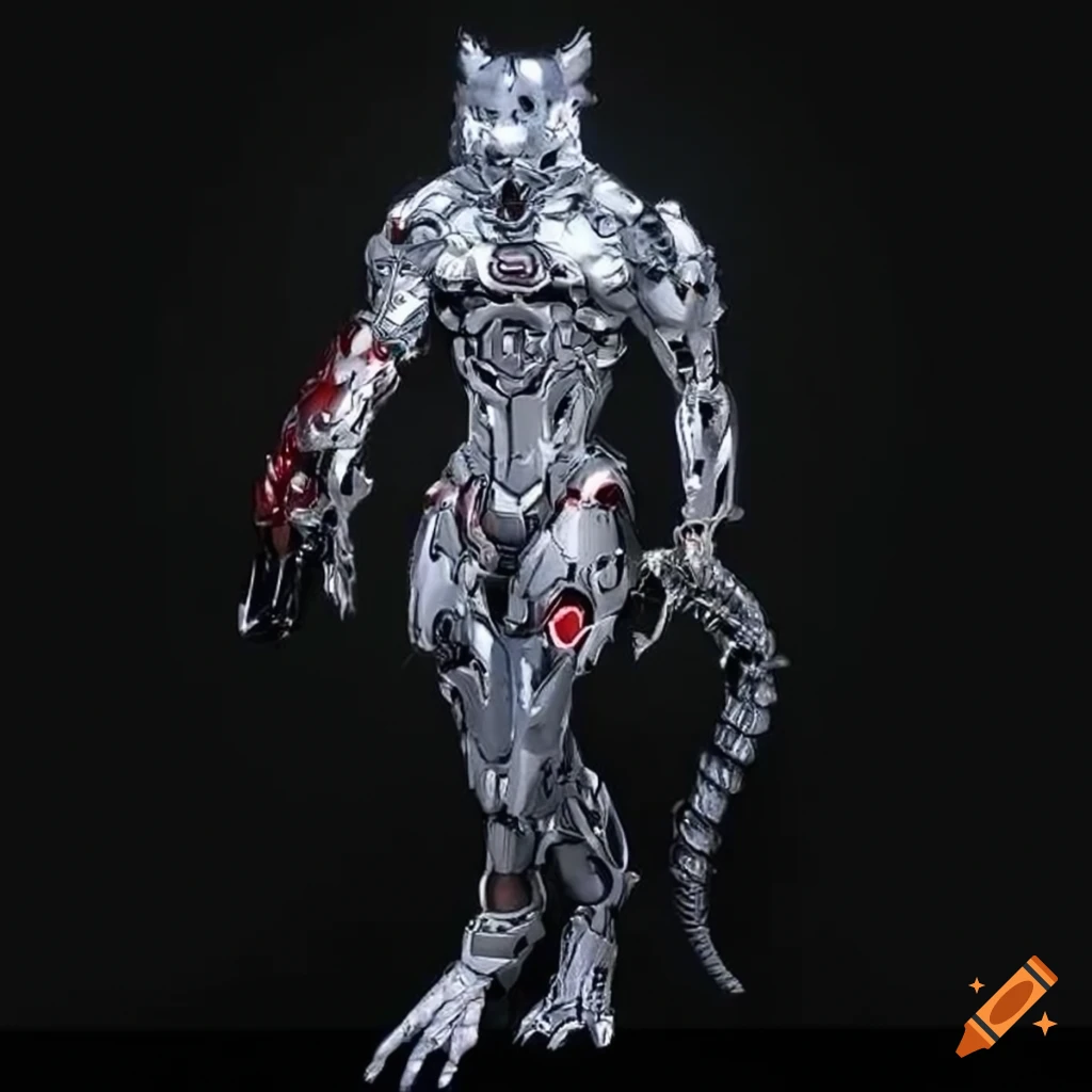 Anthropomorphic cyborg wolf with silver chrome body and red glowing ...