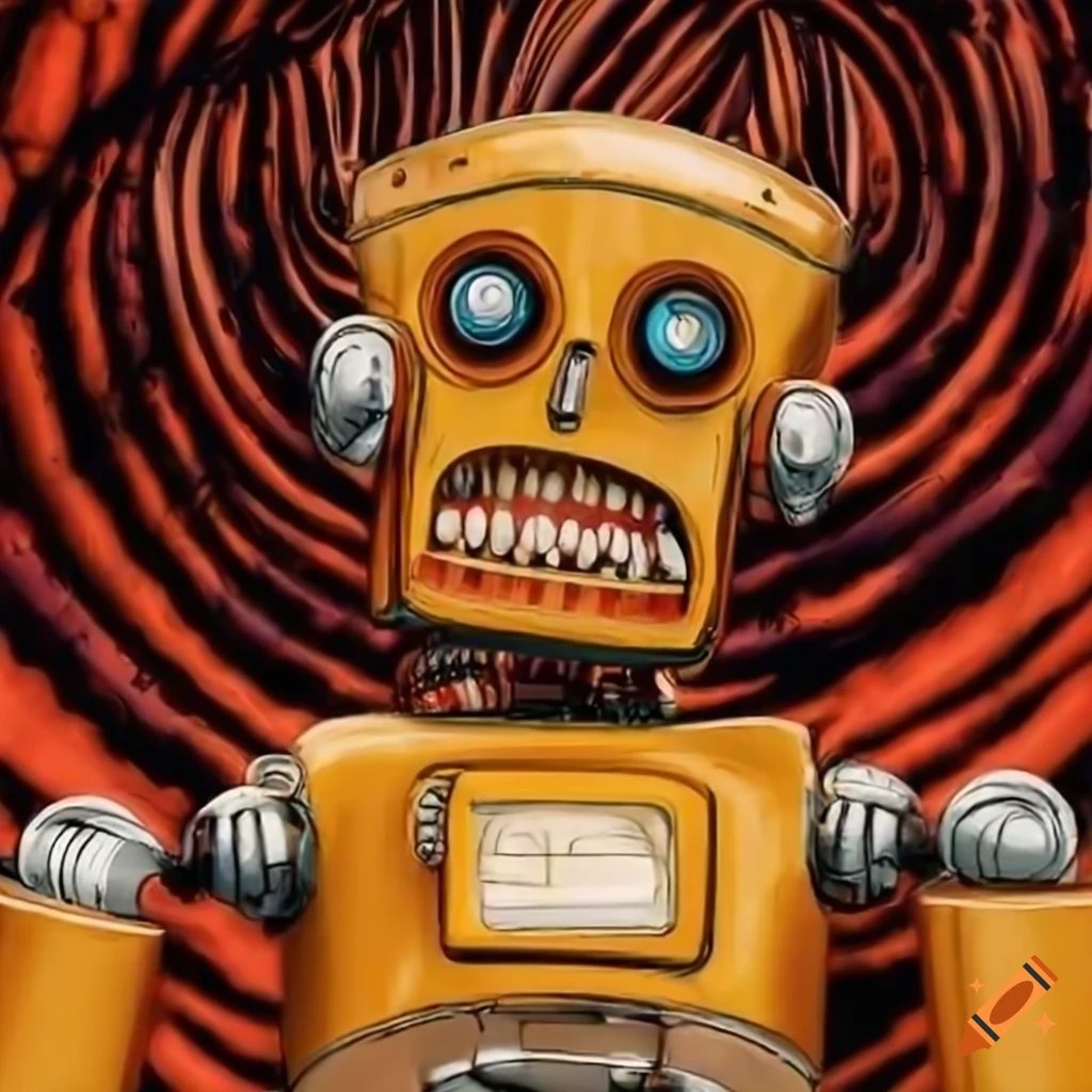 Retro robot with big teeth on spiral background