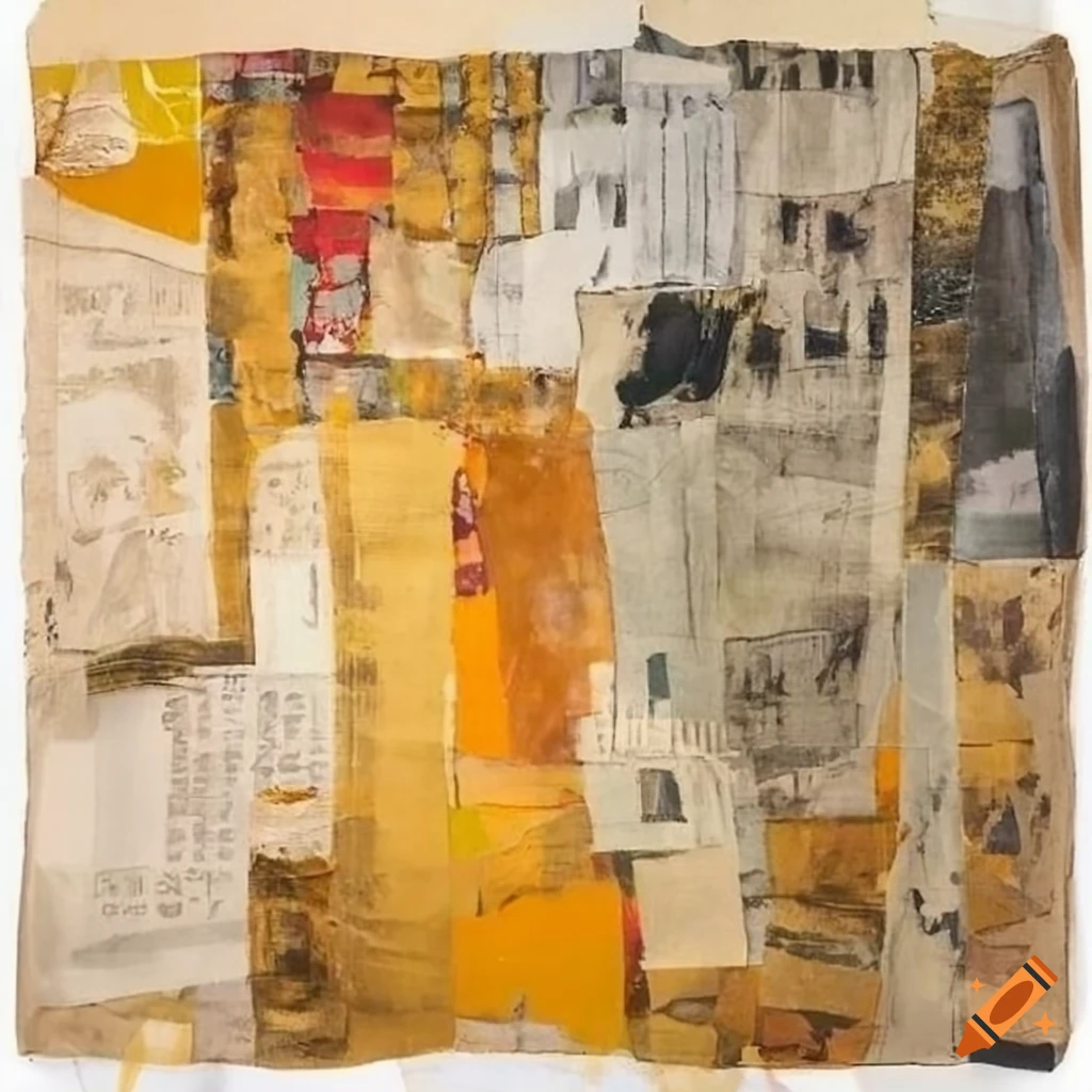 Abstract mixed media artwork with newspaper and gold elements on Craiyon