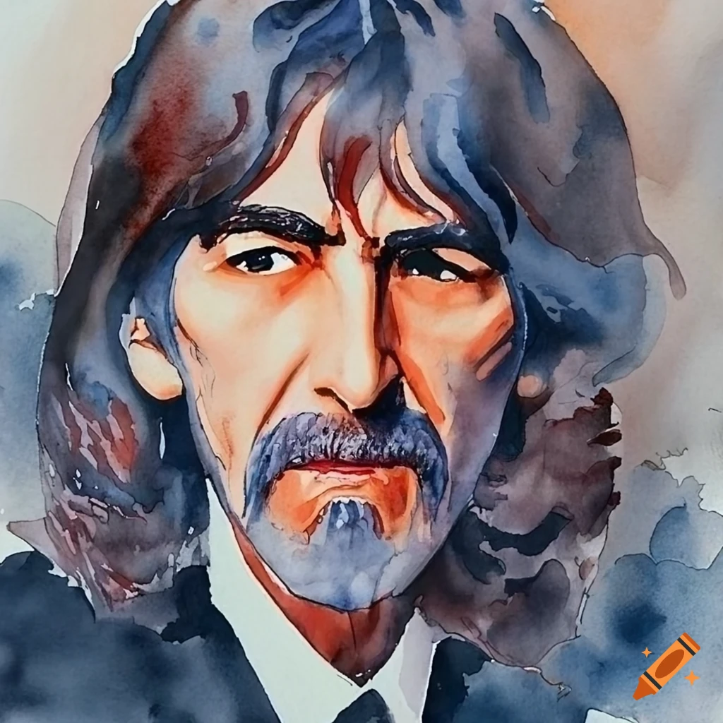 George harrison in a suit playing guitar and singing in a sketch on Craiyon