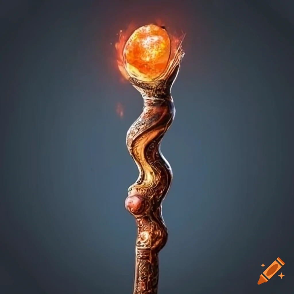 Staff with mystical orange crystal and ancient runes on Craiyon
