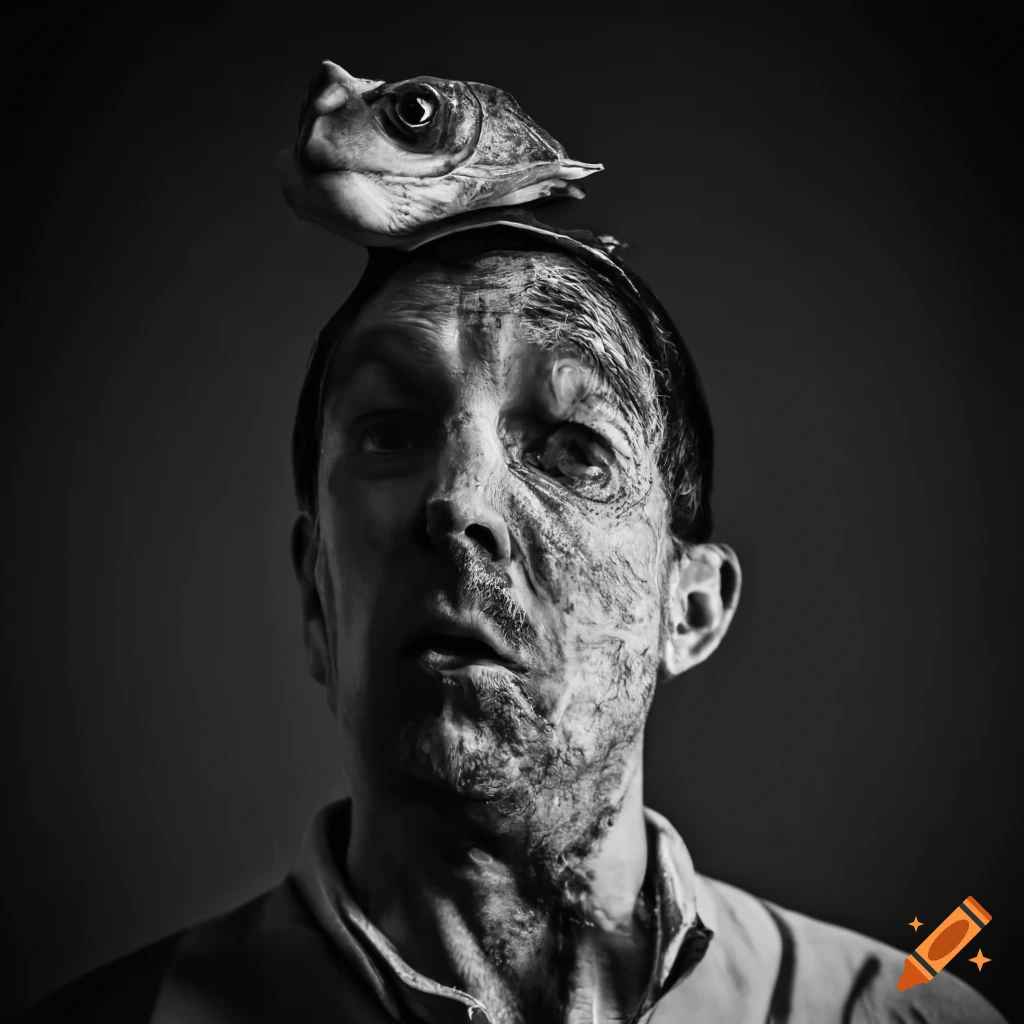 Satirical image of a man with fish head speaking on Craiyon