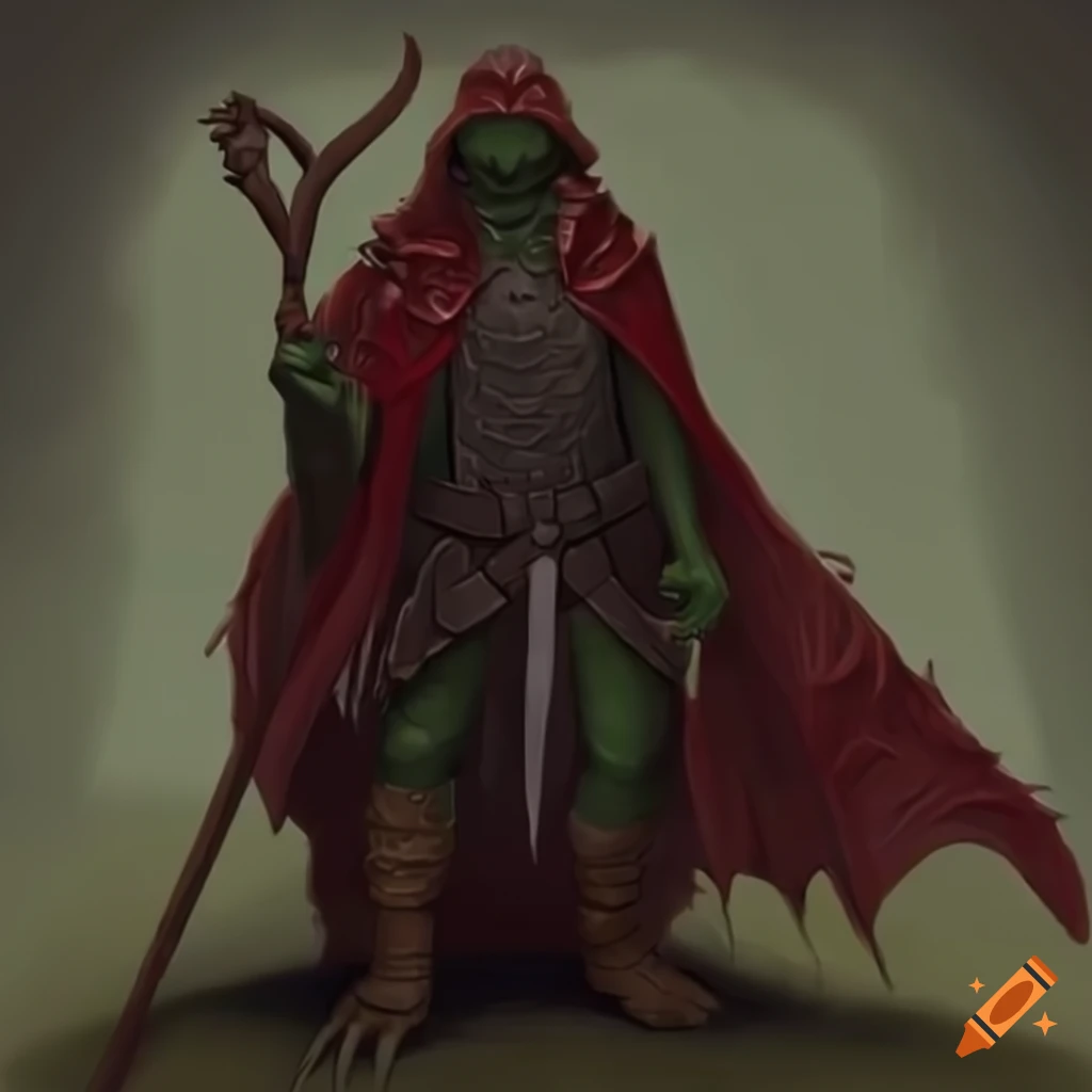 Illustration of a male lizardfolk with a cloak and staff on Craiyon