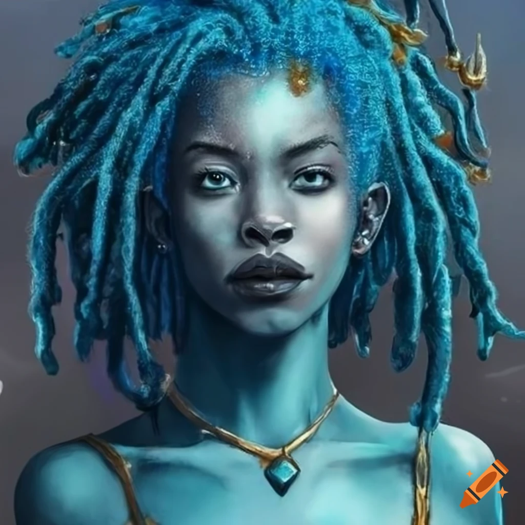 Portrait of an aquatic female genasi knight with blue frizzy hair on ...