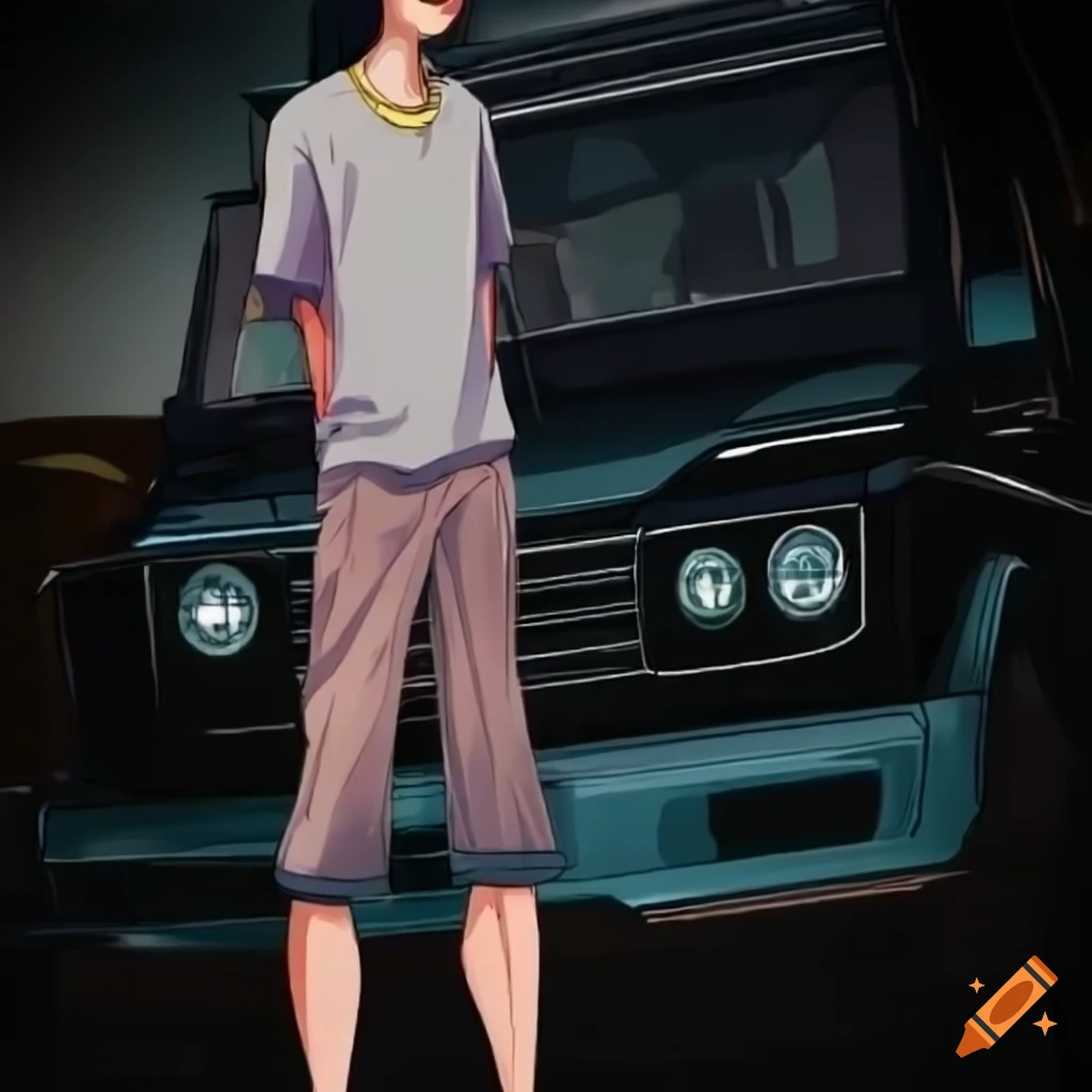 Anime character with a goatee standing in front of a g wagon on Craiyon