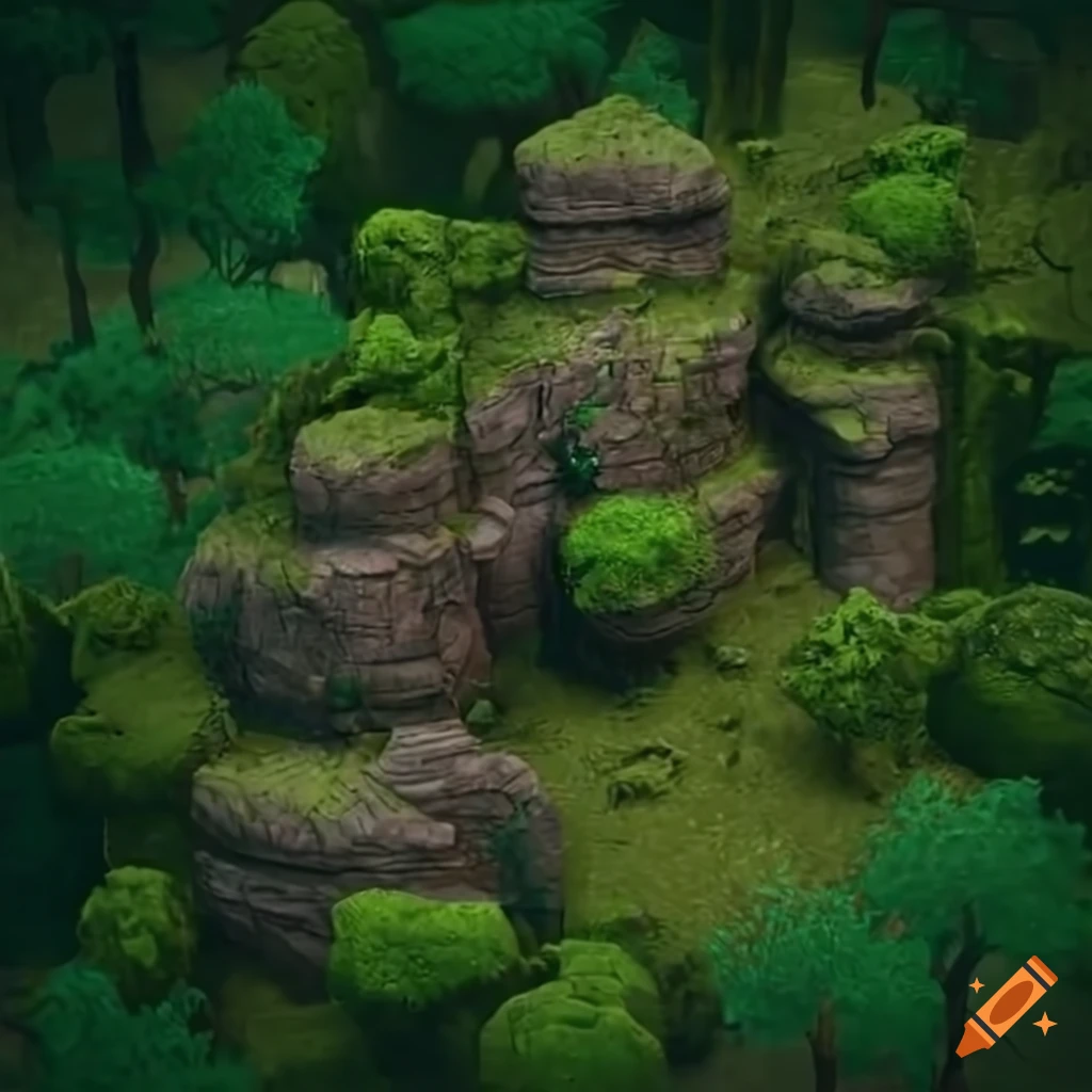 3d game forest ruins with moss and flowing water