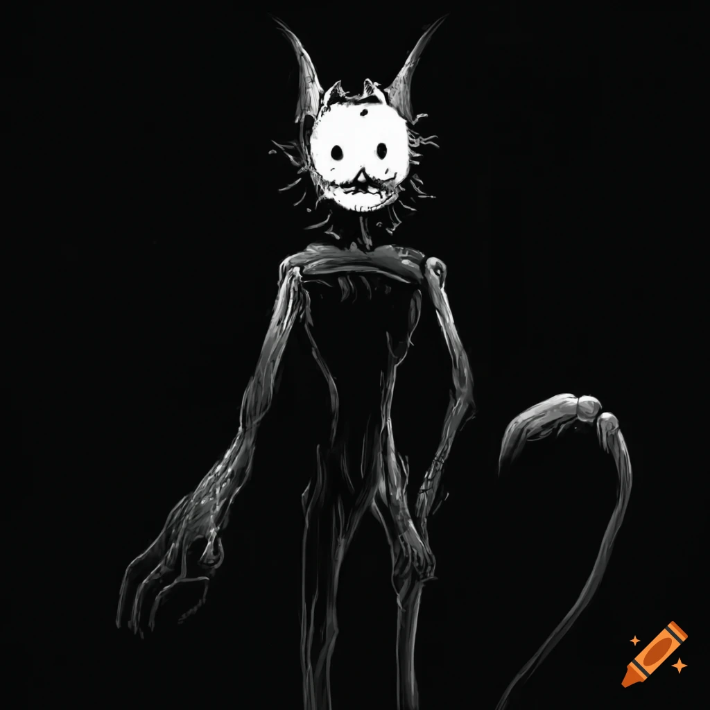 Grayscale image of a possessed cat trapped in limbo on Craiyon