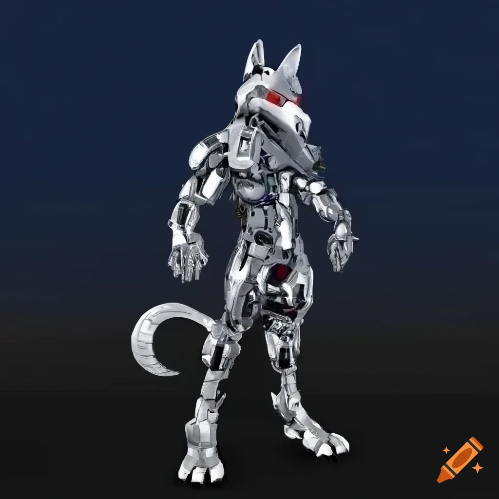 Anthropomorphic cyborg wolf with silver chrome body and red glowing ...