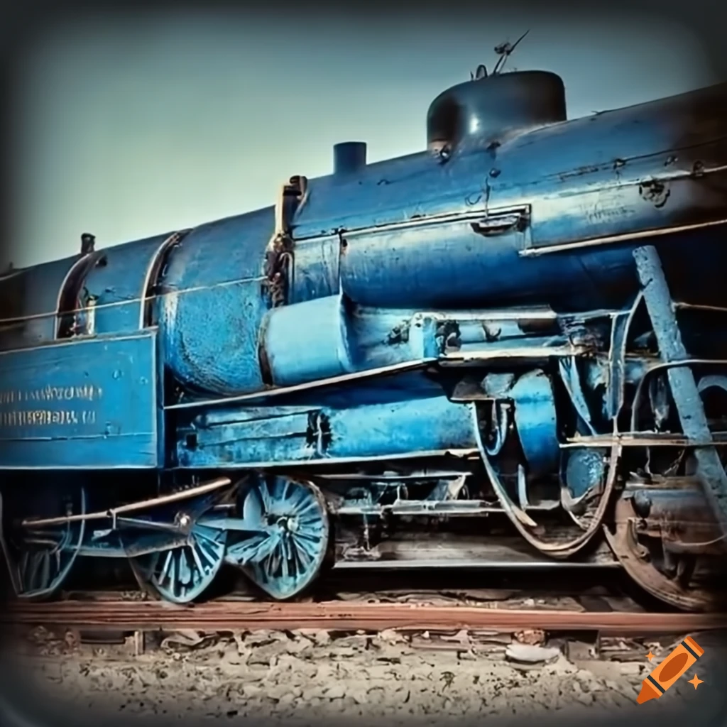 Blue steam locomotive with table in the center on Craiyon