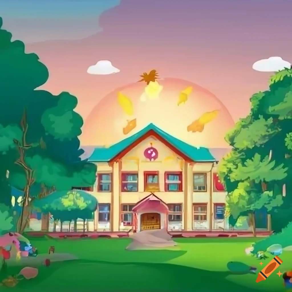 Children's book illustration of a school in a sunny morning on Craiyon