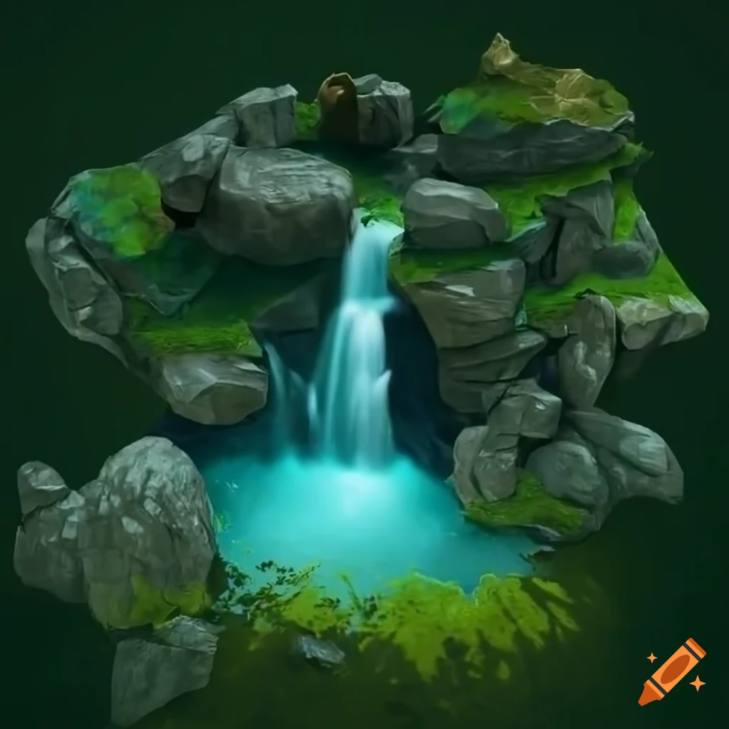 Cinematic view of a moss-covered stone formation in a fantasy rpg ...