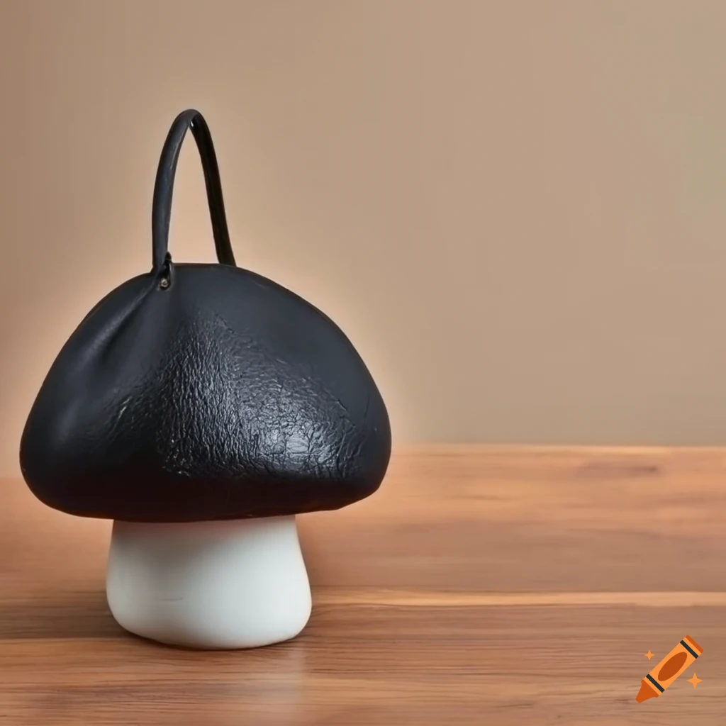 Dark mushroom shaped handbag on a table on Craiyon