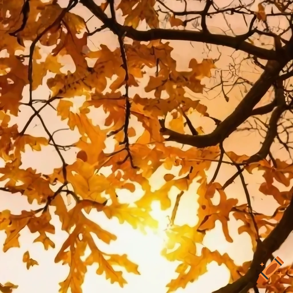Oak tree leaves against an orange sky