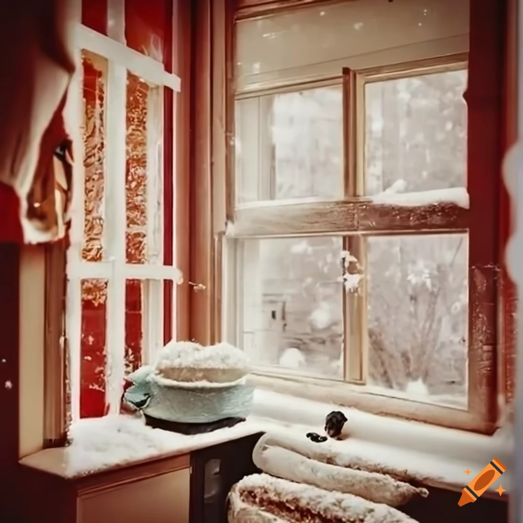 Retro kitchen window with snowfall on Craiyon