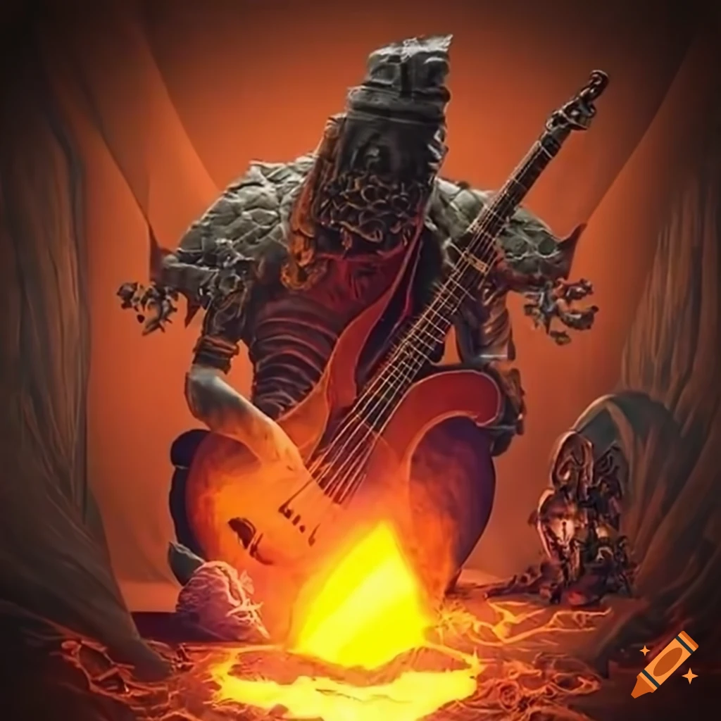 Dwarf playing drums on stage with fiery backdrop on Craiyon