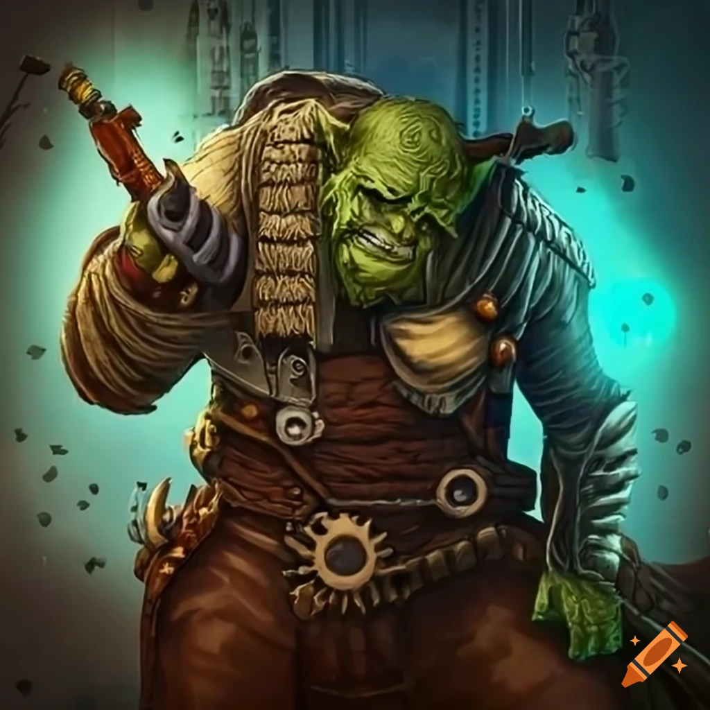 Image of steampunk orcs with guns emerging from a portal