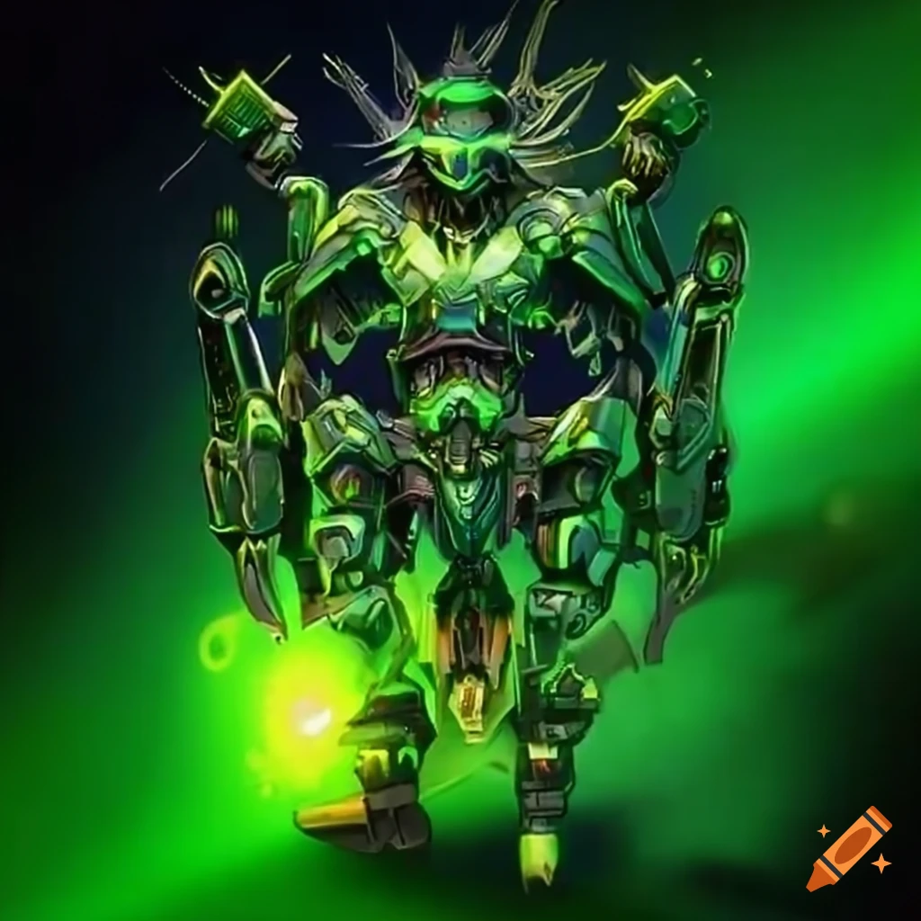 Green robot shaman mecha on Craiyon