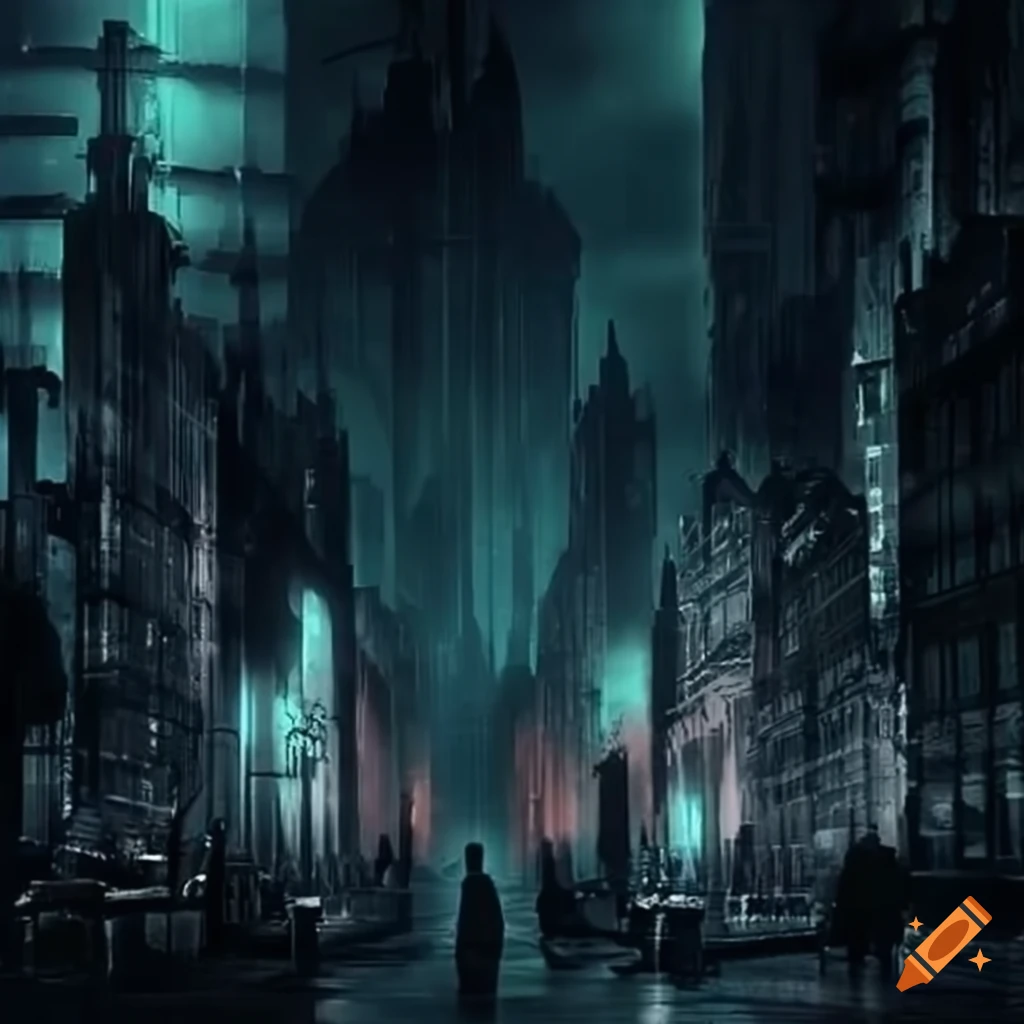 Dark cityscape with a villainous atmosphere on Craiyon