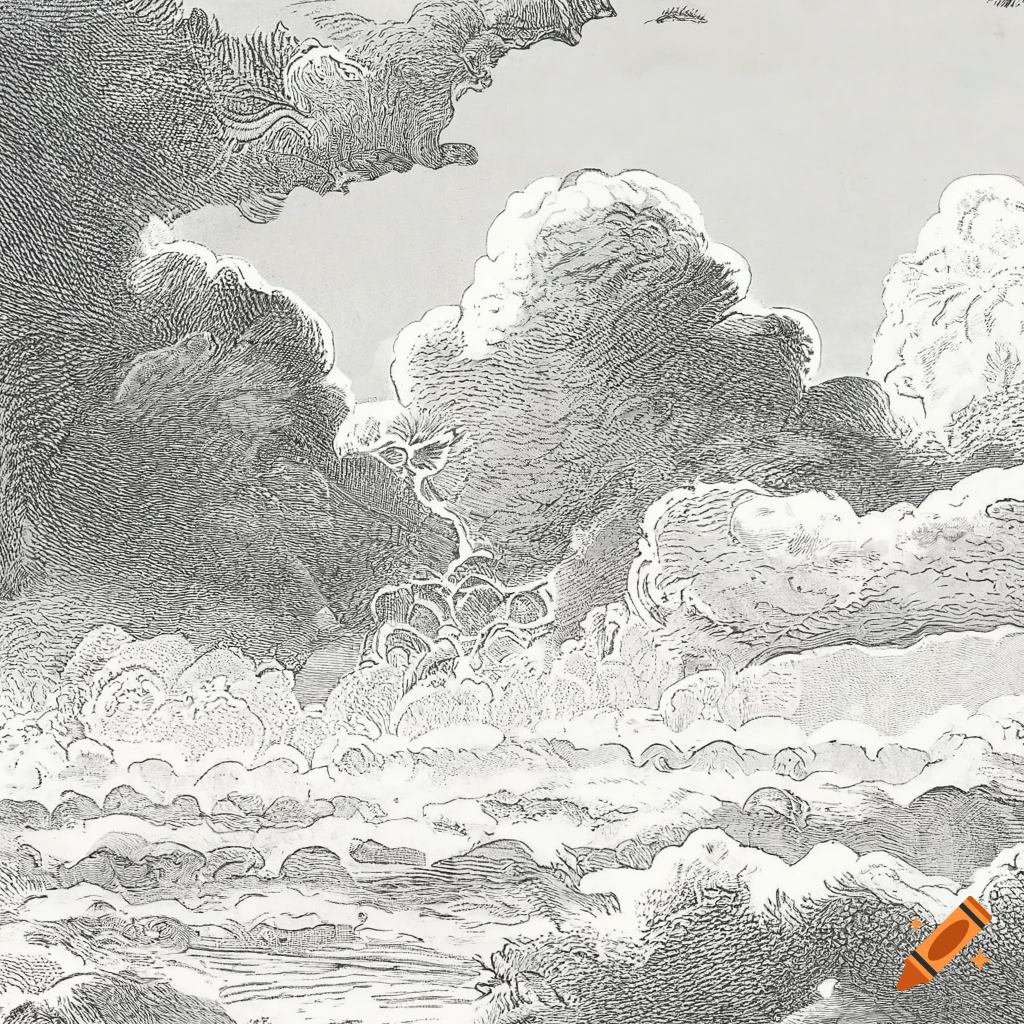 Black and white etching of a cloudy sky on Craiyon