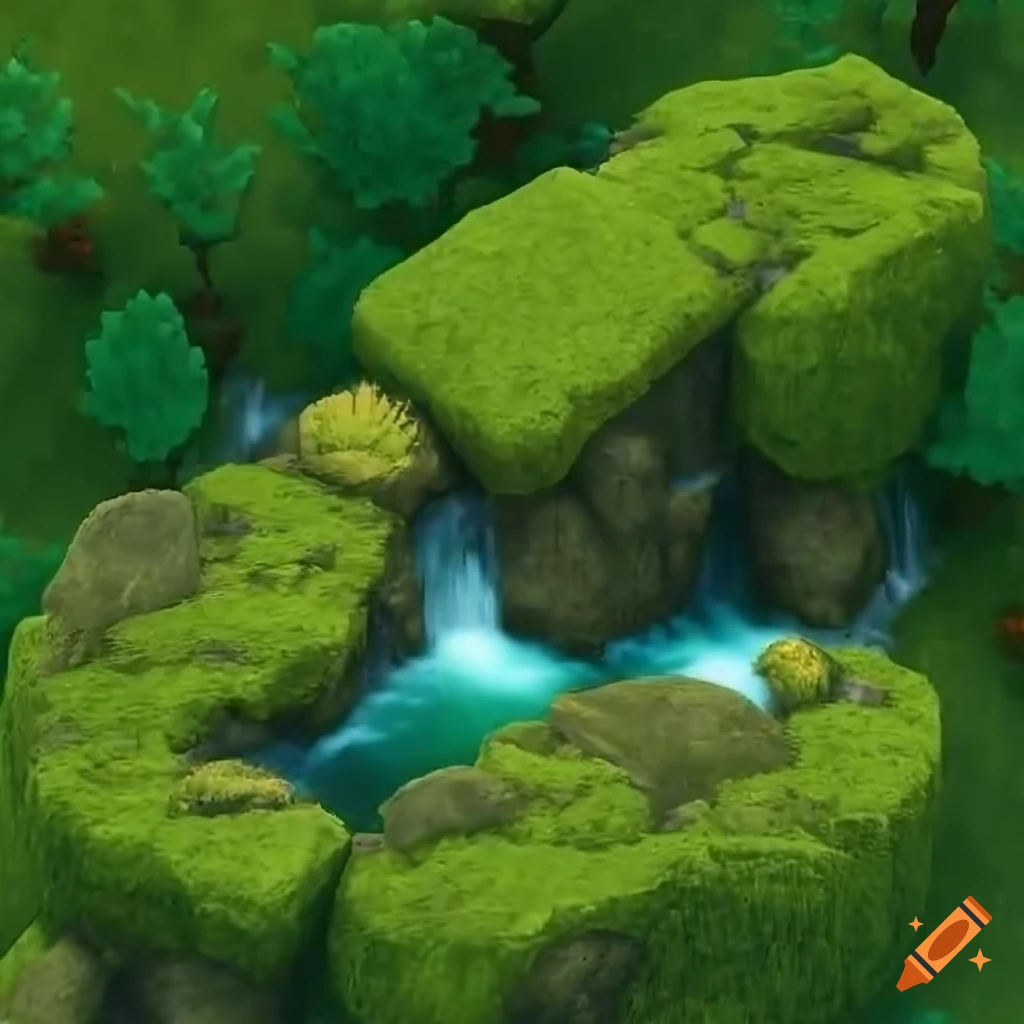 3d game forest ruins with moss and flowing water on Craiyon