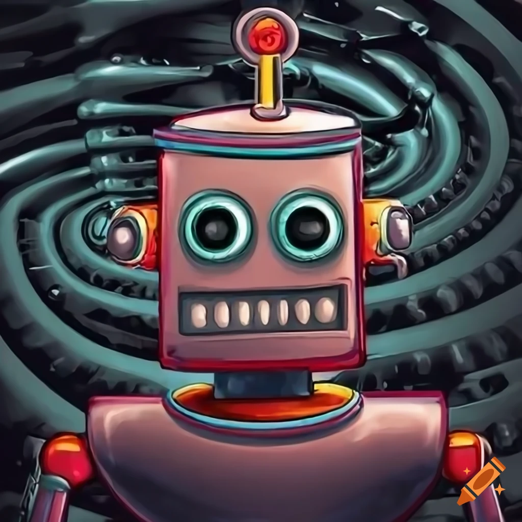 Retro robot with big teeth on spiral background on Craiyon