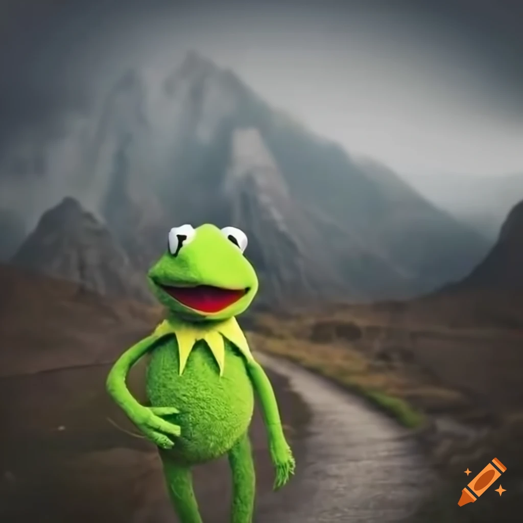 Kermit the frog walking on a winding path on Craiyon