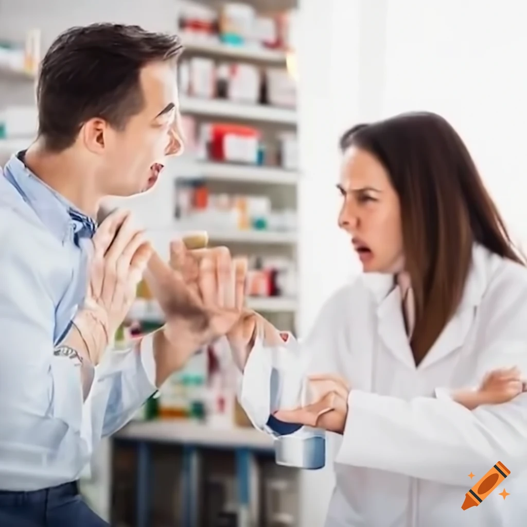 Customer arguing with pharmacist about medication on Craiyon