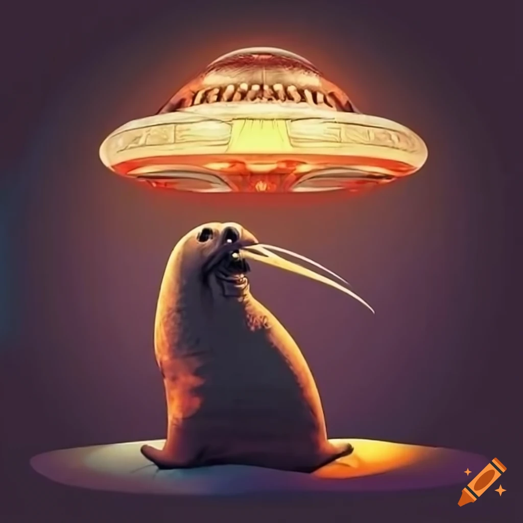 Illustration of an alien and walrus inside a ufo on Craiyon