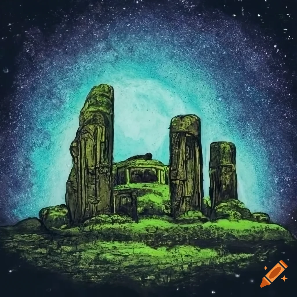 Moss-covered toltec ruins under the milky way