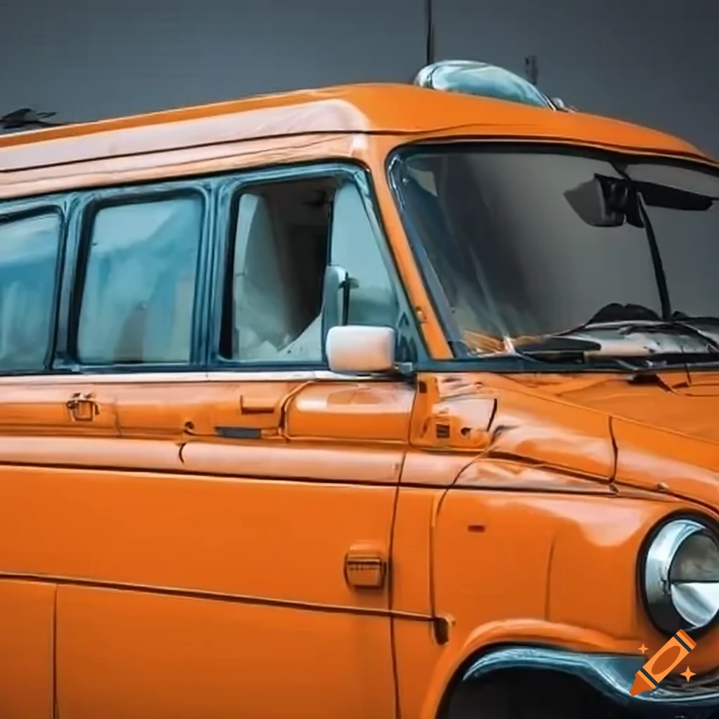 Orange bukhanka expedition van from behind