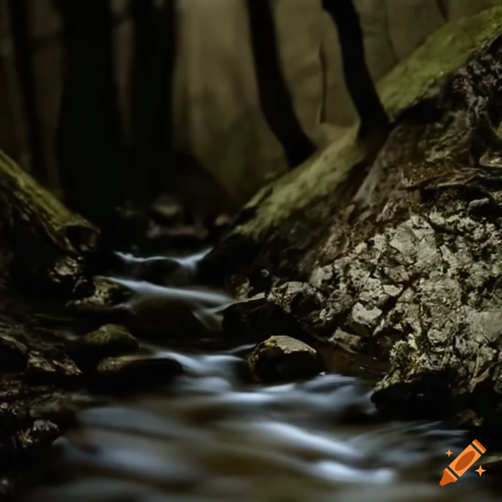 Mountain stream in a medieval setting