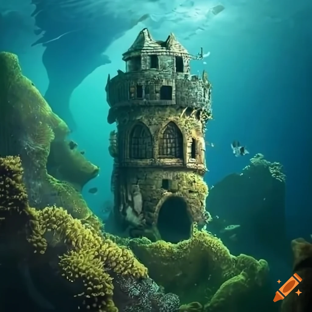 Underwater steampunk castle on a cliff on Craiyon