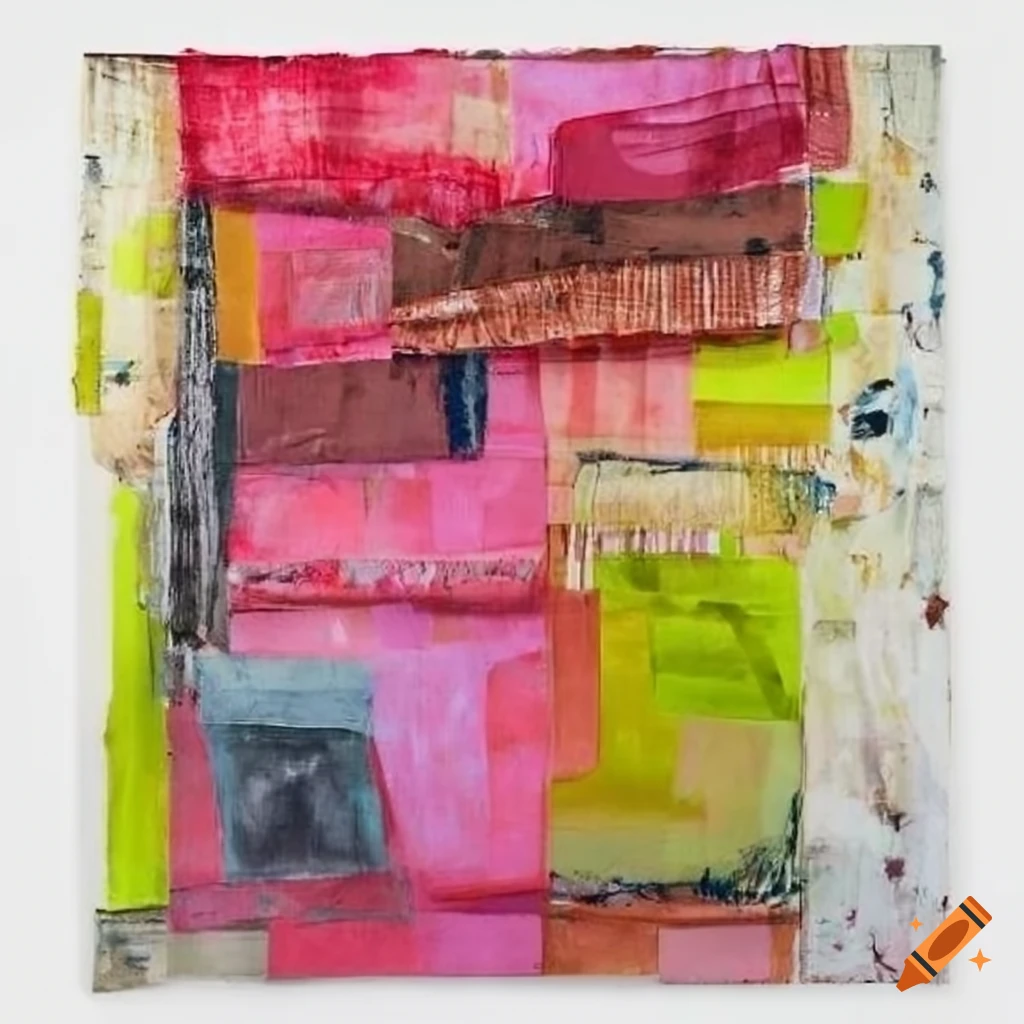 Abstract mixed media artwork with newspaper and pink tones on Craiyon