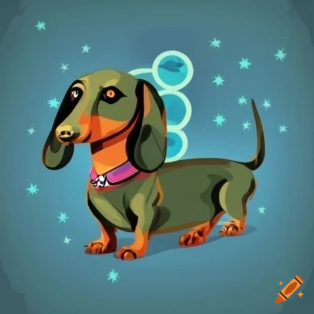 Retro art of a dachshund with atomic age elements on Craiyon
