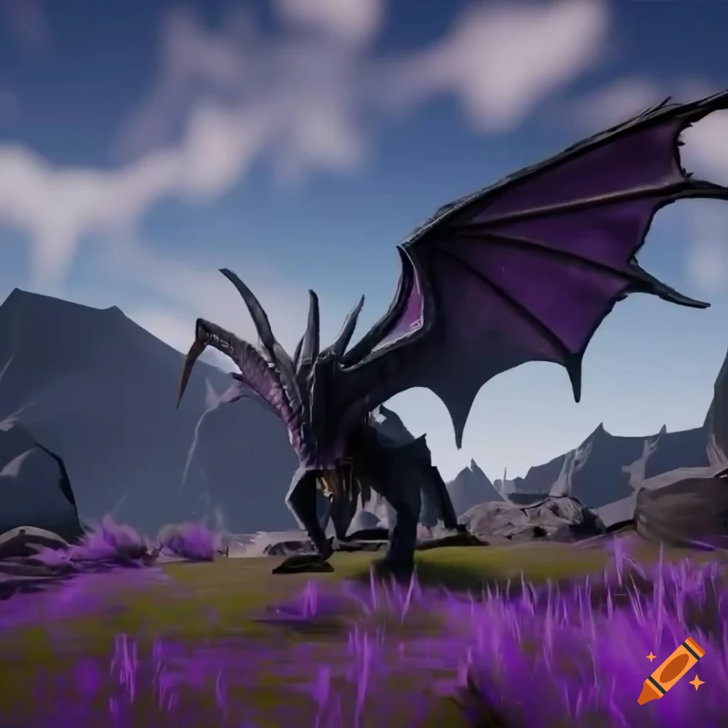 Image of a black alien dragon breathing purple fire on Craiyon