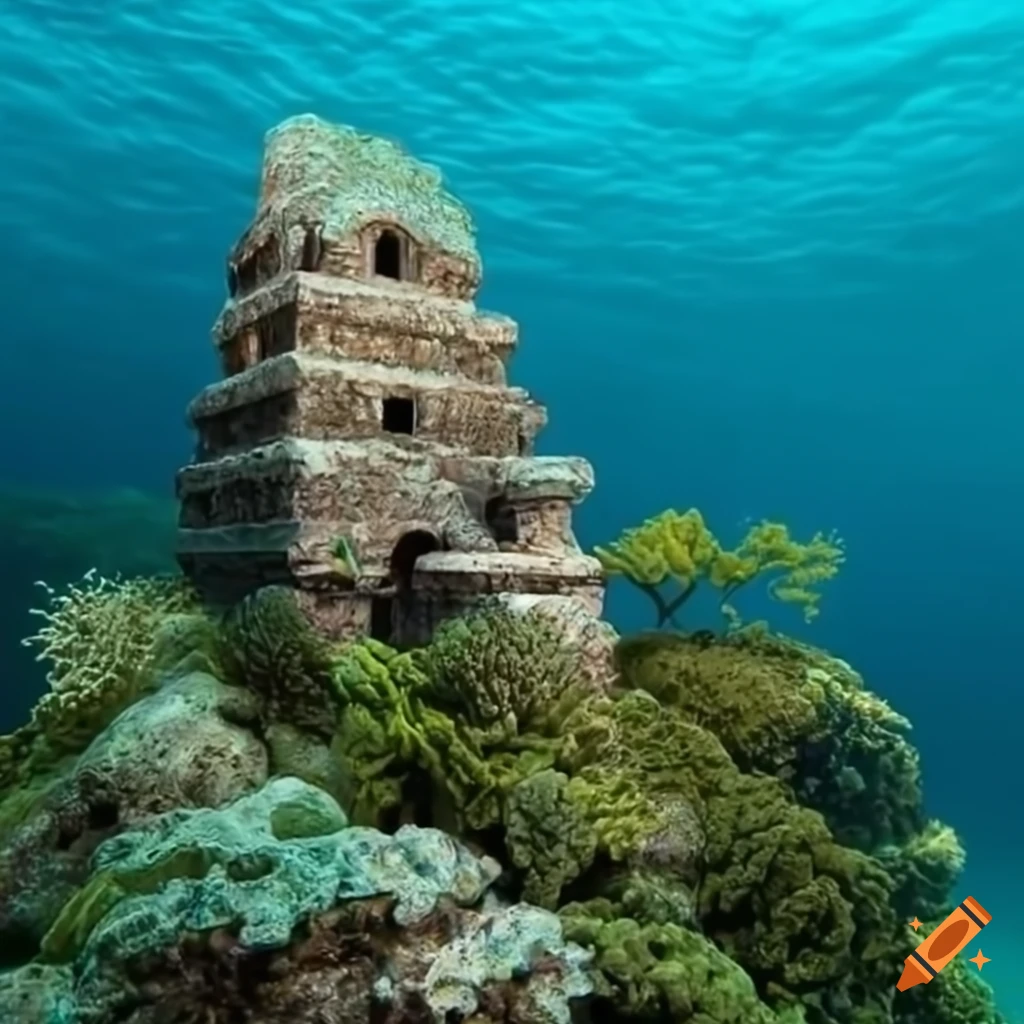 Underwater medieval defensive tower on a cliff with corals and fish on ...