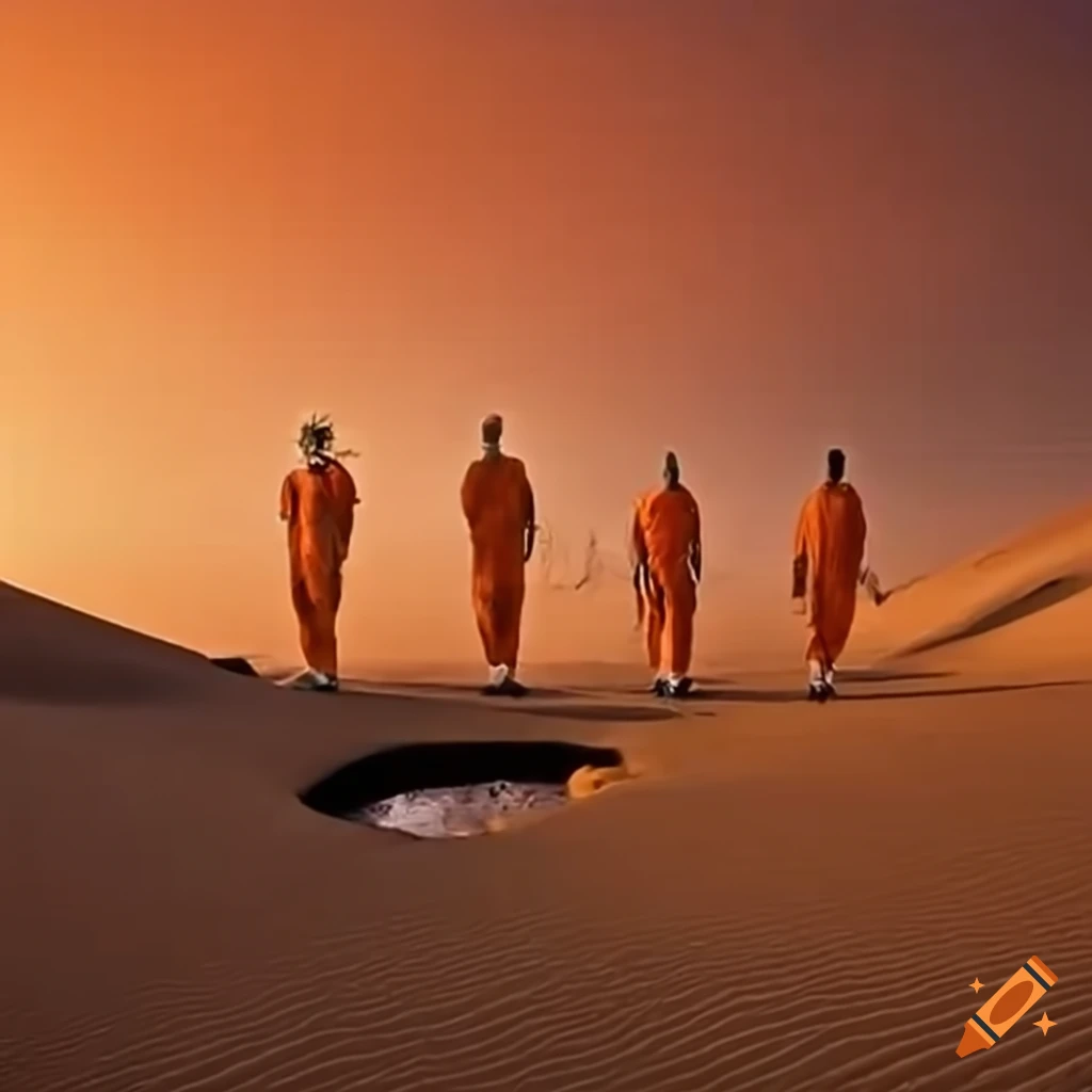 Man wearing a hood in a sandy desert on Craiyon