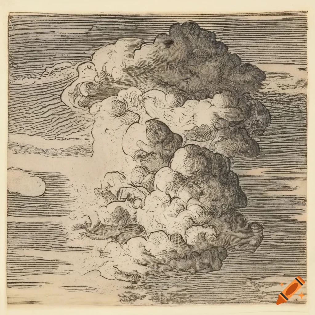 Intricate etching of a sky with beautiful clouds on Craiyon
