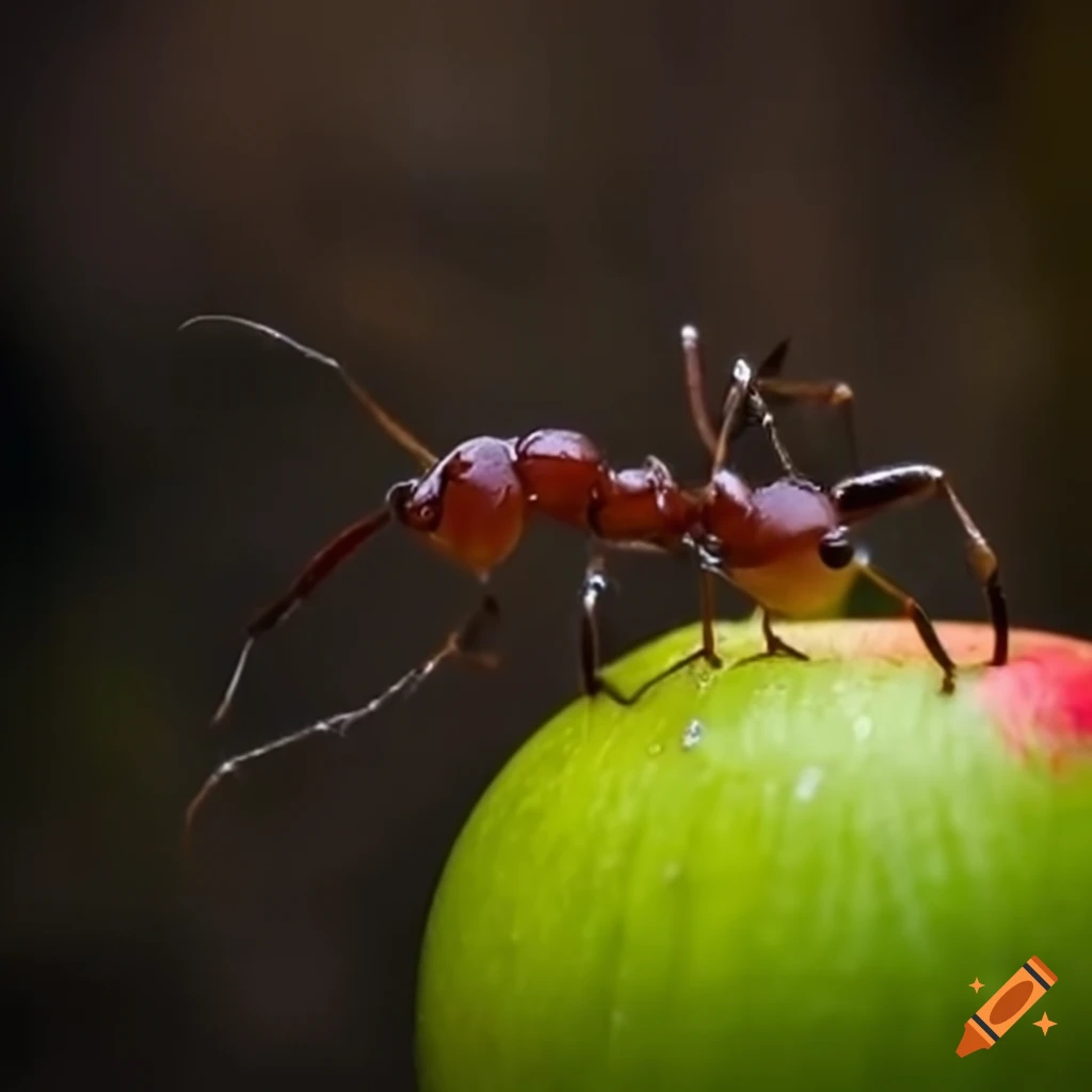 Macro photography of an ant on an apple on Craiyon