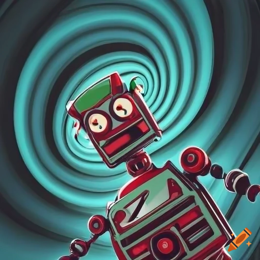 Retro robot with big teeth on a spiral background on Craiyon
