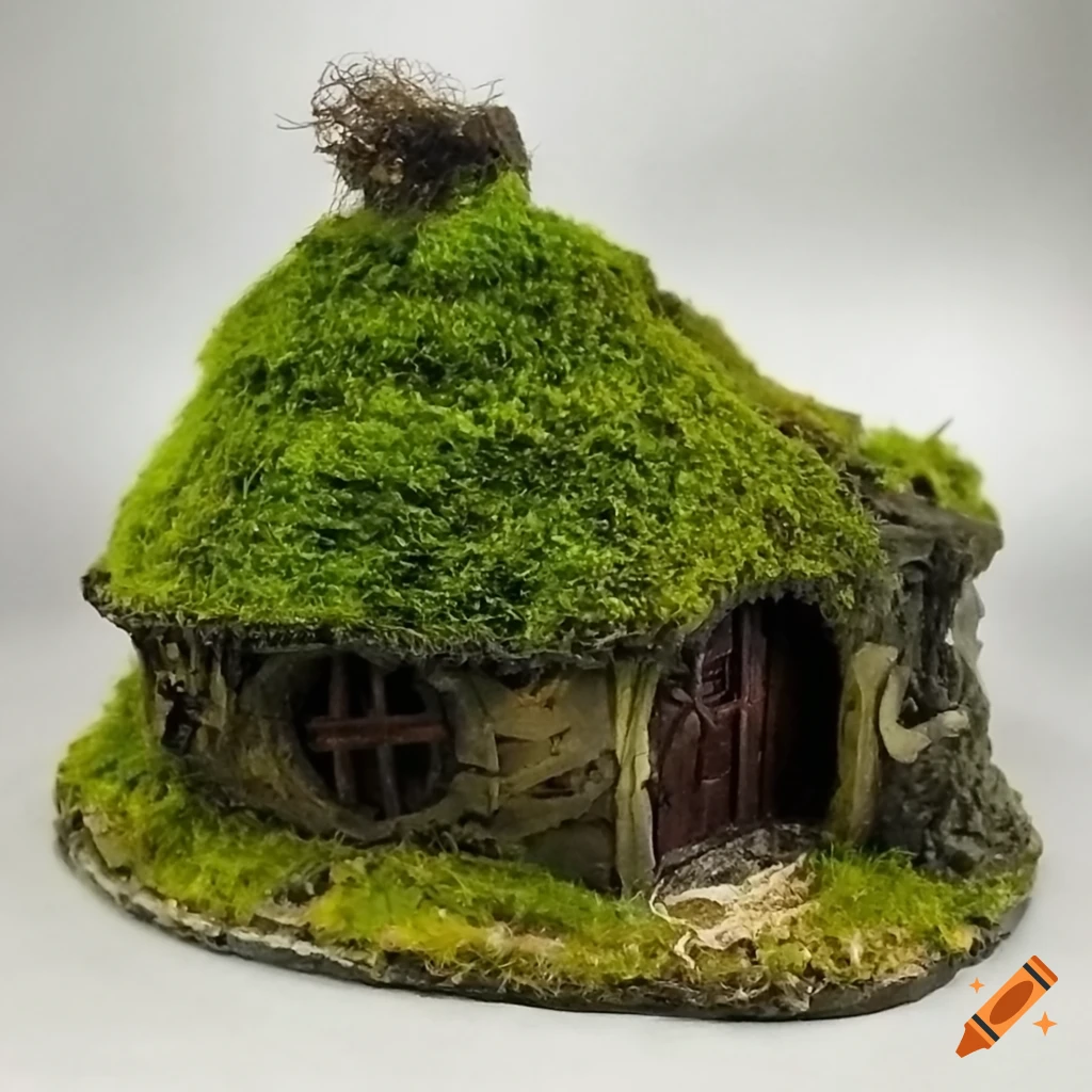 Miniature mossy hobbit witch fairy house on Craiyon