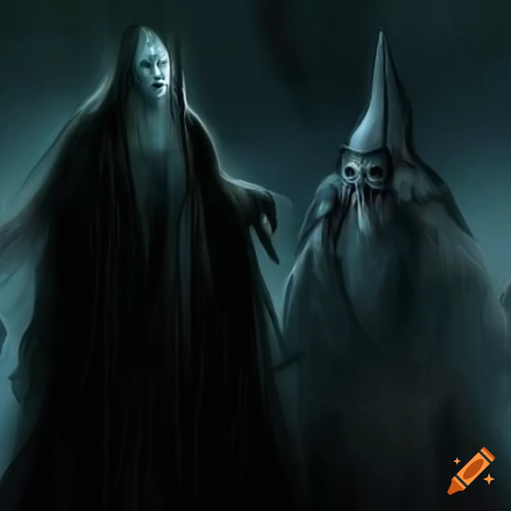 Digital art of two mystical beings in a dark realm