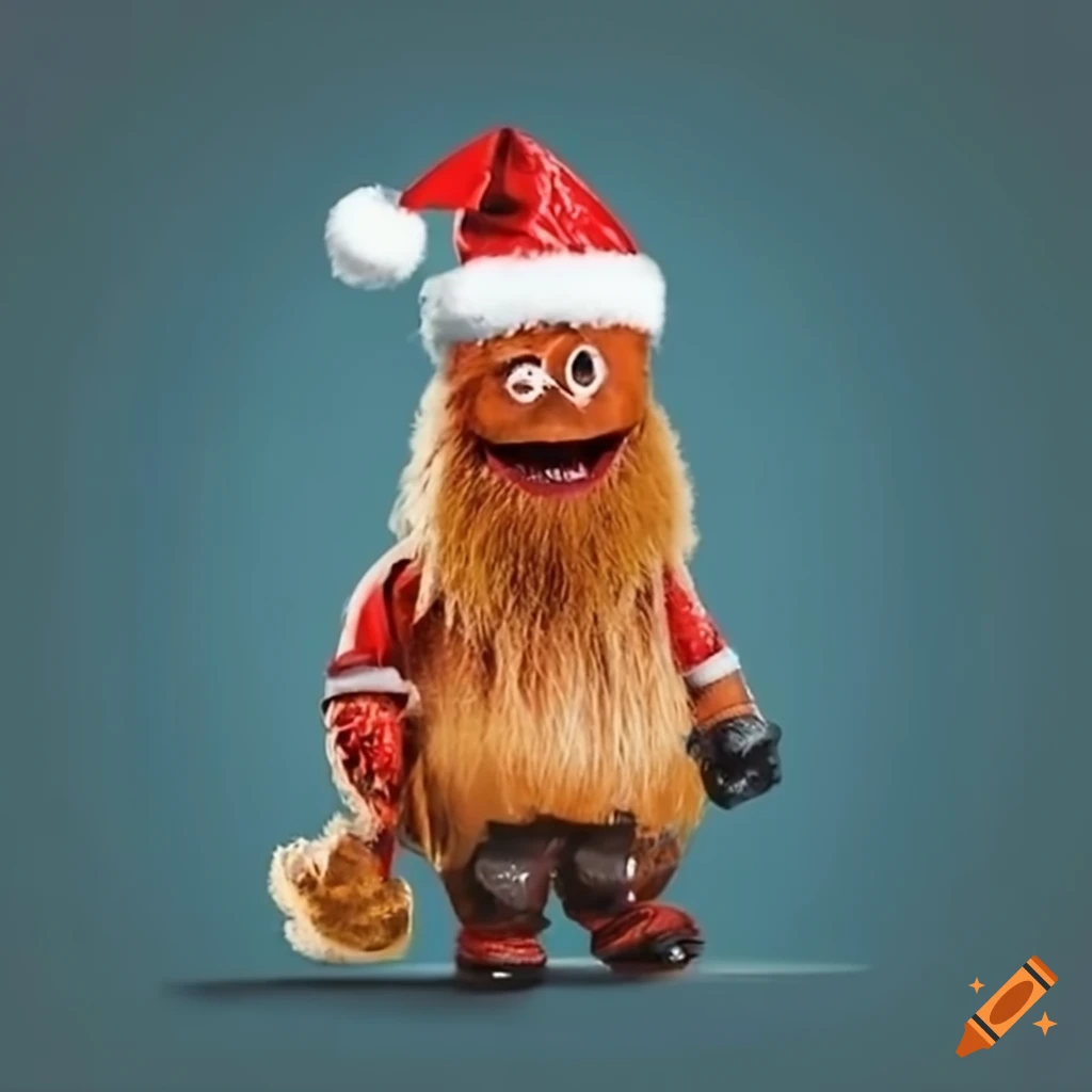 Gritty wearing a santa hat holding a red beer on Craiyon