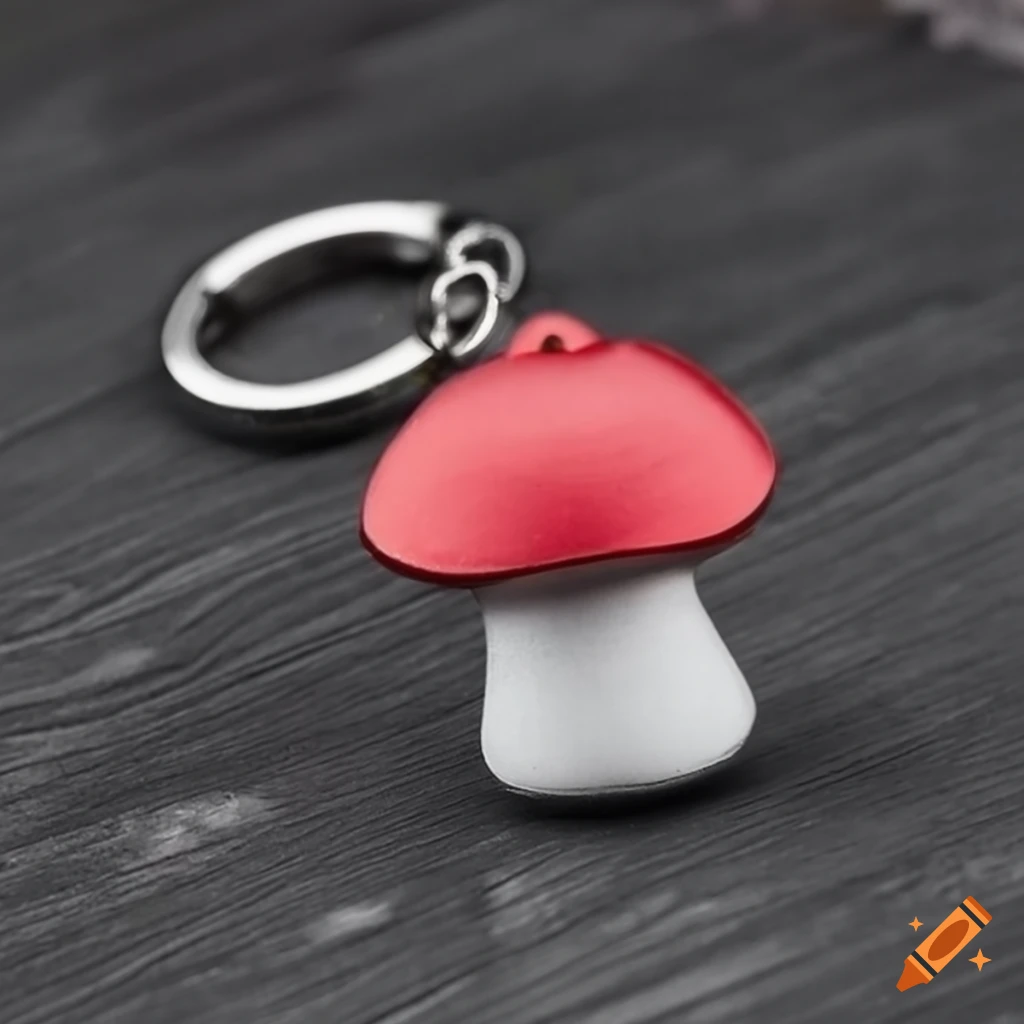 Metal mushroom keychain on a table on Craiyon